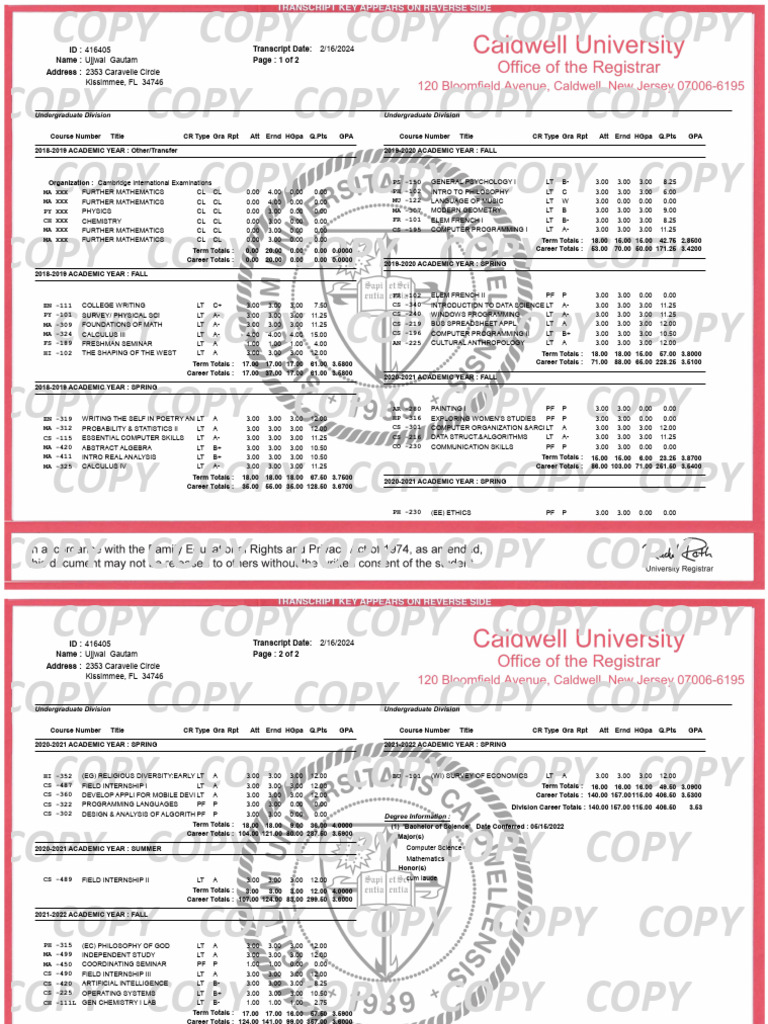 Ujjwal Gautam's Academic Transcript | PDF | Computing | Science
