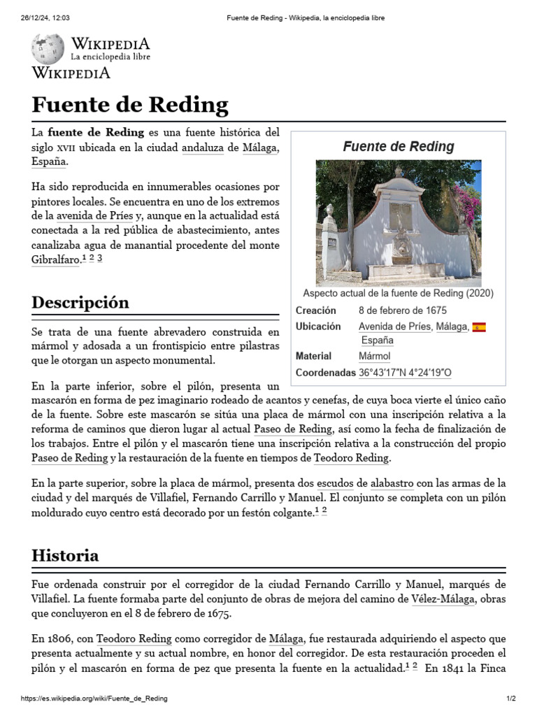 Historia y características de la Fuente de Reding | PDF