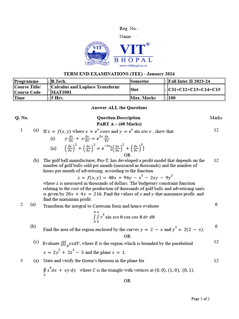 VIT Bhopal University MAT1003 Calculus TEE C11+C12+C13+C14+C15 | PDF ...