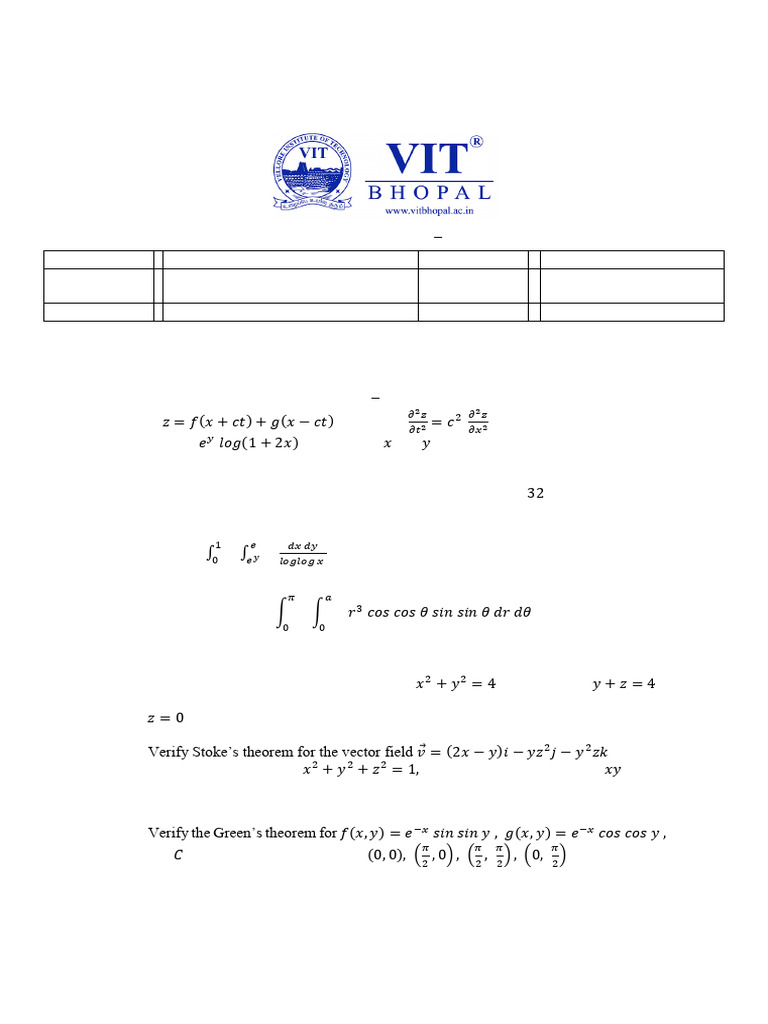 VIT Bhopal University MAT1003 Calculus TEE D21+D22+D23 | PDF | Laplace Transform | Pi