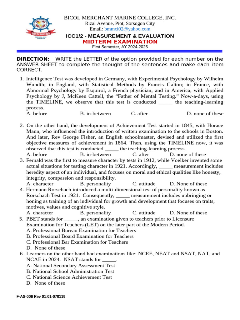 Measurement and Evaluation Midterm Exam | PDF | Affect (Psychology ...
