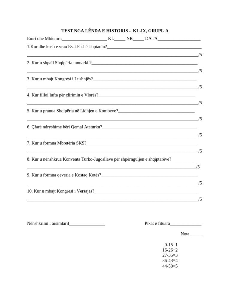 TEST NGA LËNDA E HISTORIS kl9 | PDF