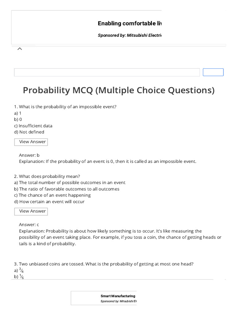 Probability MCQ (Multiple Choice Questions) - Sanfoundry | PDF | Probability Distribution | Odds