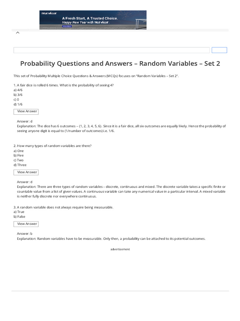 Probability Questions and Answers - Random Variables - Set 2 - Sanfoundry | PDF | Random ...