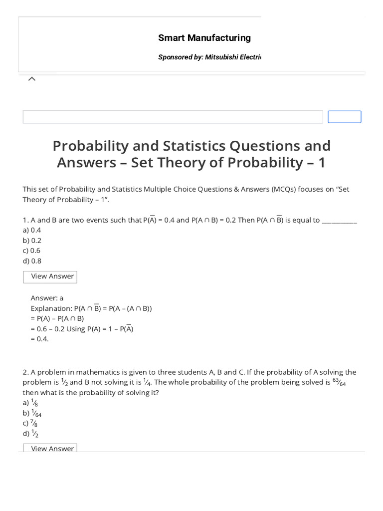 Probability Set Theory Questions and Answers - Sanfoundry | PDF ...