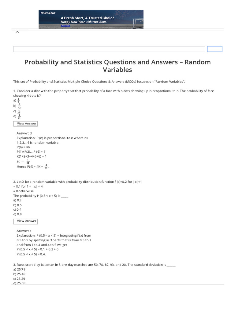 Random Variables Questions and Answers - Sanfoundry | PDF | Multiple ...