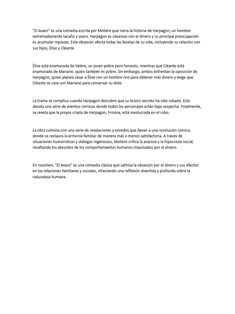 La avaricia de Harpagon en "El Avaro" | PDF