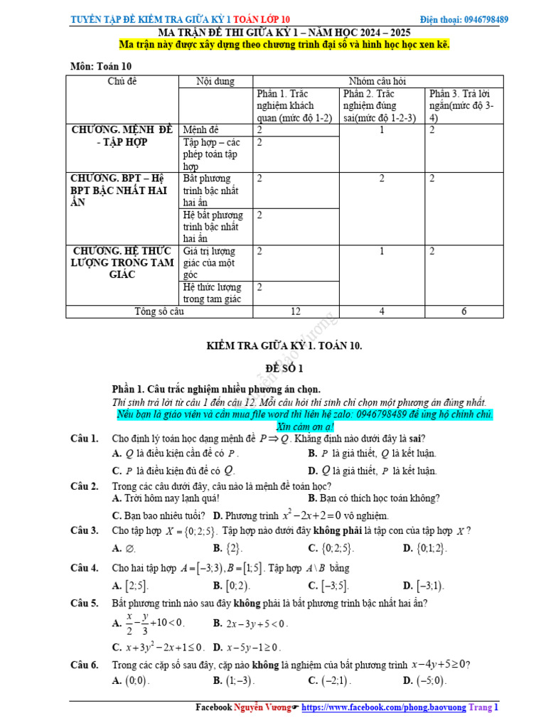 (nbv-0946798489) - 10 ĐỀ KIỂM TRA GK1-TOÁN 10 - FORM 2025-Trang-1 | PDF