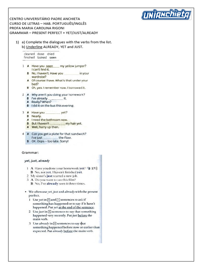 present perfect JUST YET ALREADY | PDF