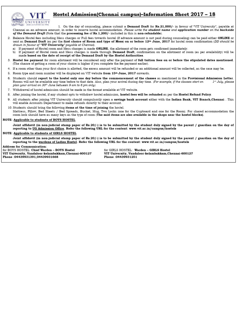 Hostel Informatiosheet Pdf Fee Payments