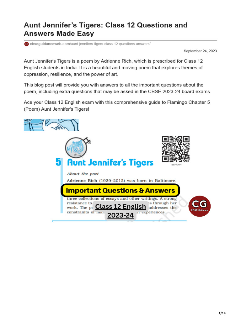 Aunt Jennifer's Tigers Class 12 Q&A | PDF