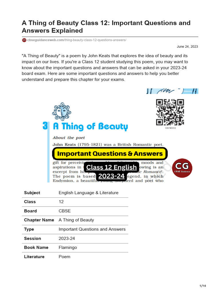 A Thing of Beauty: Key Questions & Insights | PDF | Beauty | Poetry