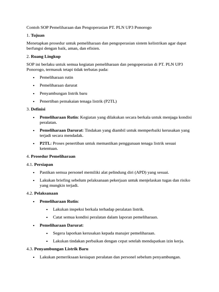 Contoh SOP Pemeliharaan Dan Pengoperasian PLN UP3 | PDF
