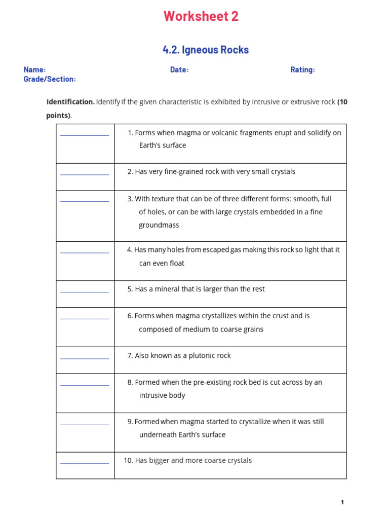 Igneous Rocks Identification Worksheet | PDF