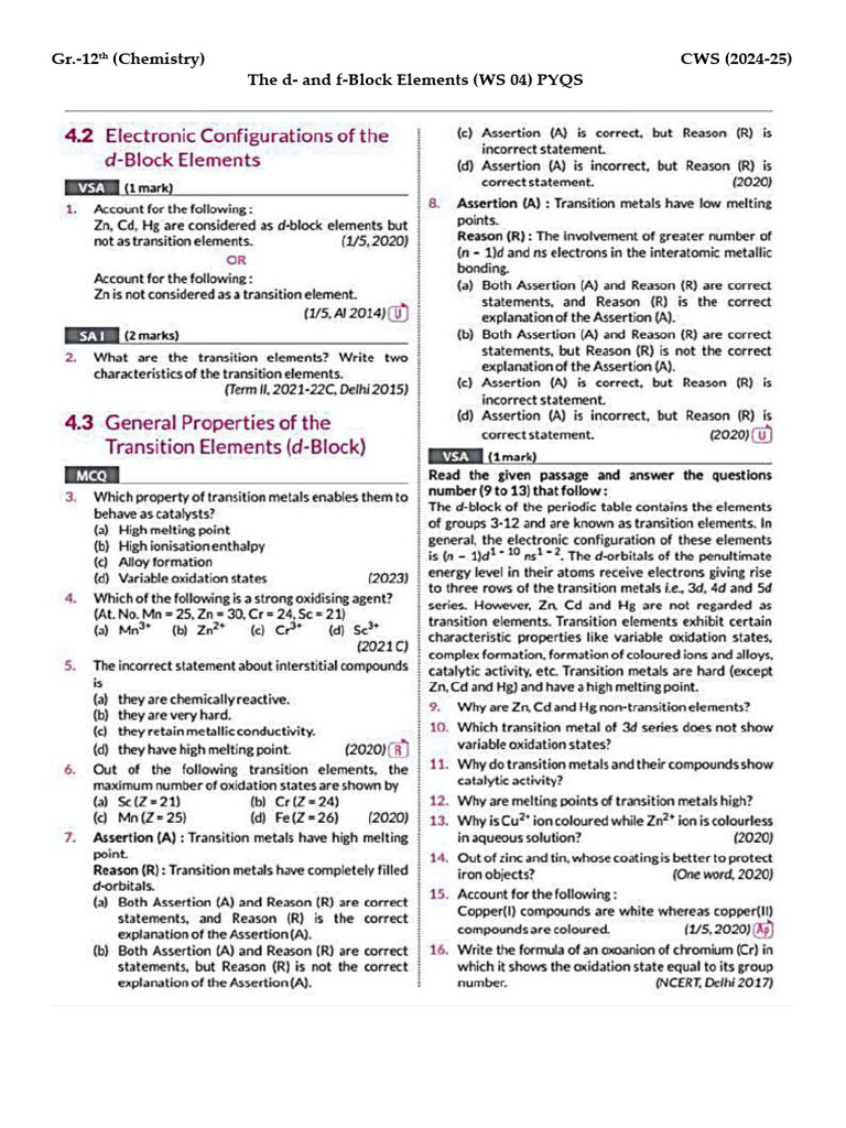 12th Chemistry (Ch.-4 The D - and F-Block Elements) PYQs | PDF