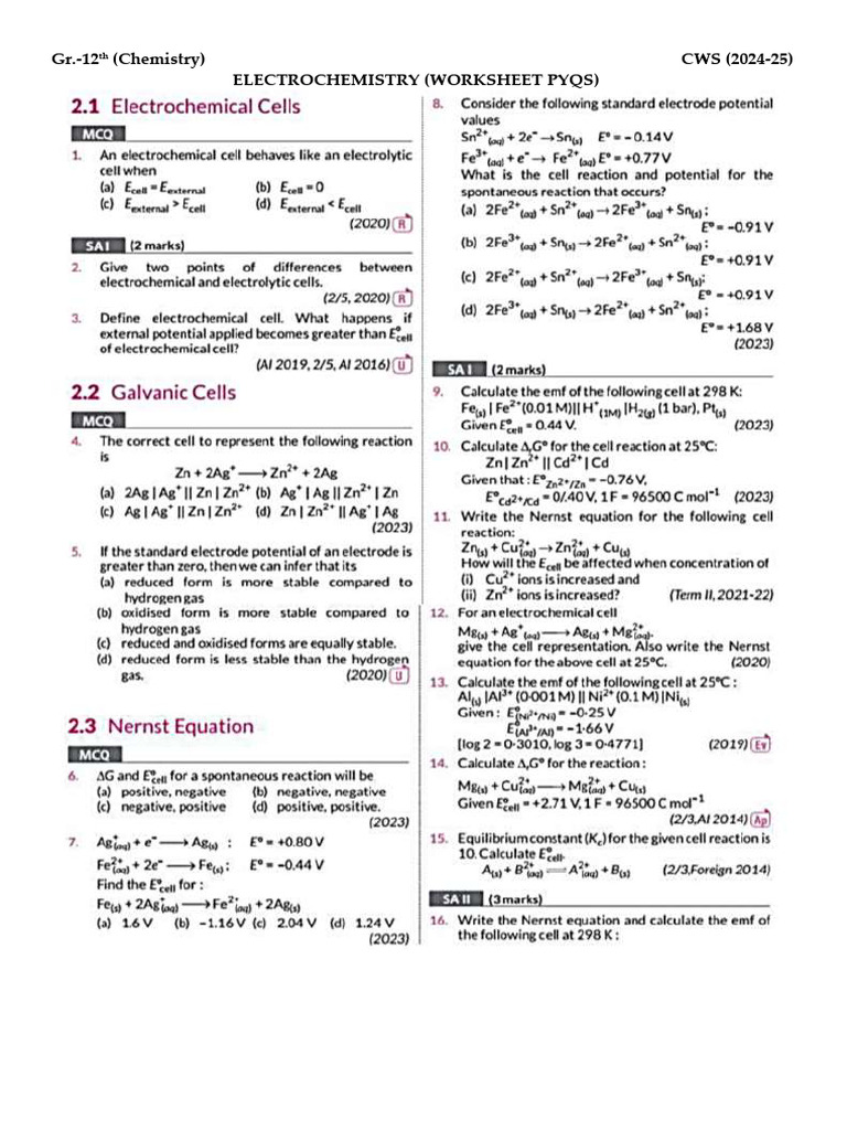 12th Chemistry (Ch.-2 Electro) PYQs | PDF