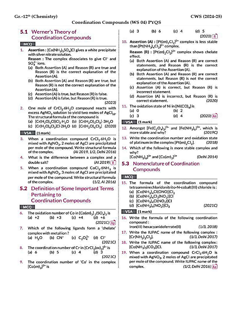 Coordination Compounds PYQs for Gr. 12 | PDF