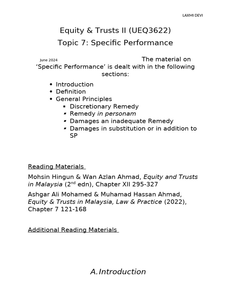 Specific Performance Partial | PDF | Equity (Law) | Legal Remedy