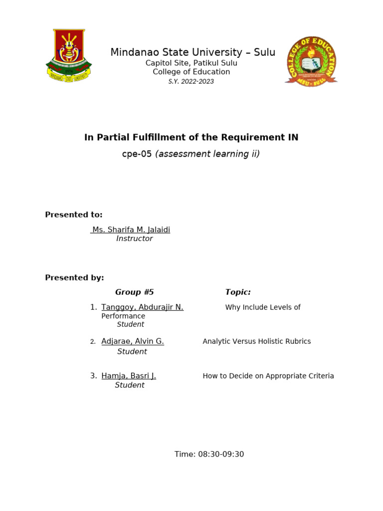 Tanggoy, Abdurajir N._(CPE105_M2-A)_REPORT G5 | PDF | Rubric (Academic ...