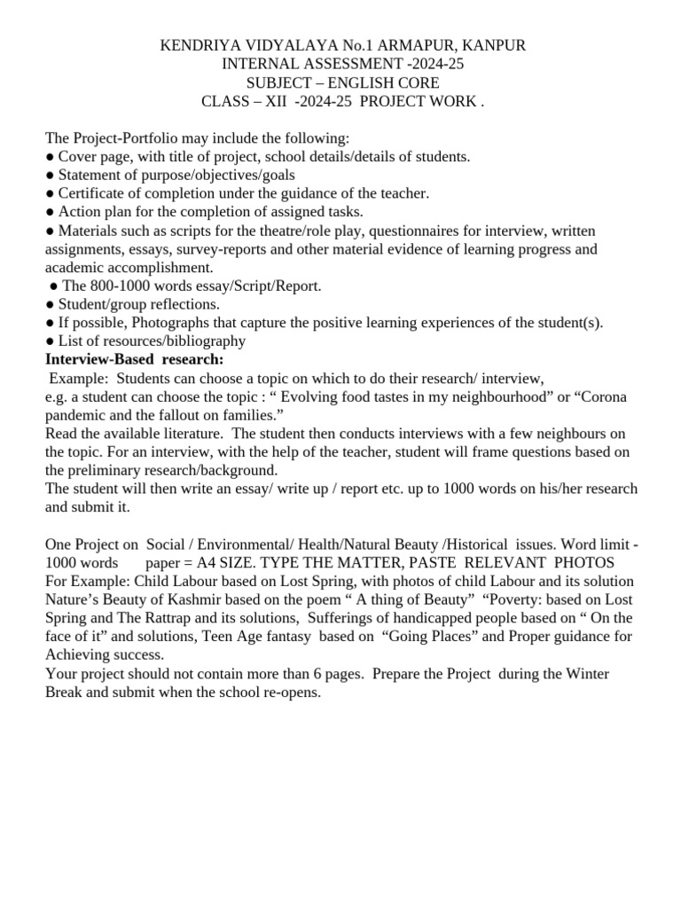 Project Work - English Core Class Xii 2024-25 | PDF