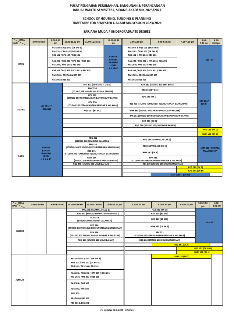 HBP UG TIMETABLE SEM I 2023 2024 V 1 Updated 18 Sept 2023 09 00am | PDF