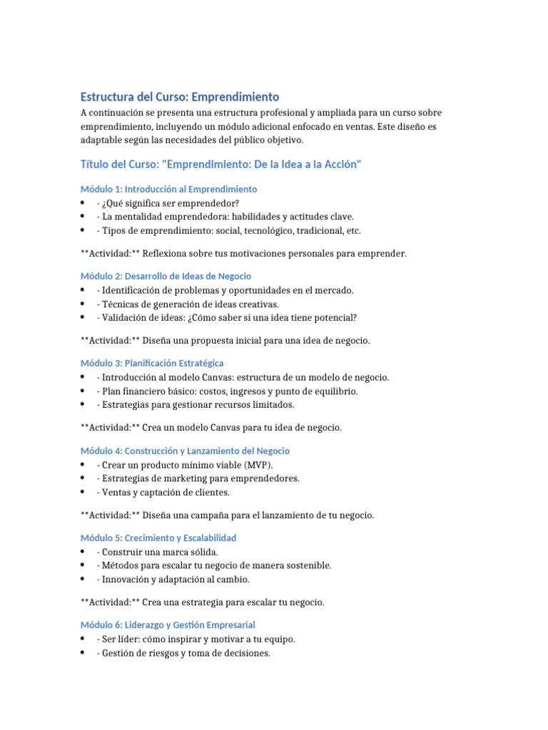 Estructura_Curso_Emprendimiento | PDF | Iniciativa empresarial | Economias Estructura_Curso_Emprendimiento | PDF | Iniciativa empresarial | Economias