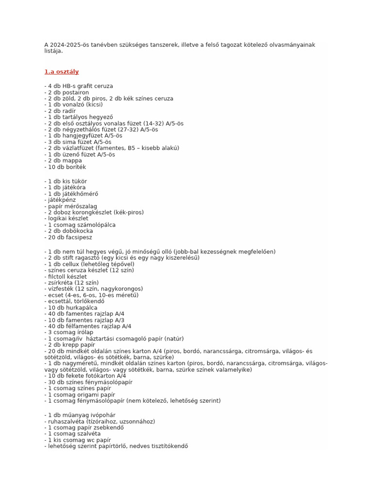 A 2024 I Osztályos Tanszerek | PDF