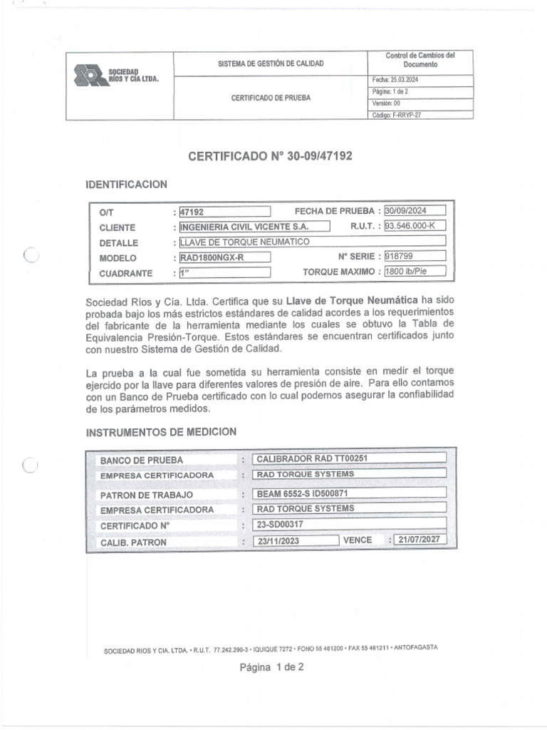 Certificado torque (1-2) | PDF