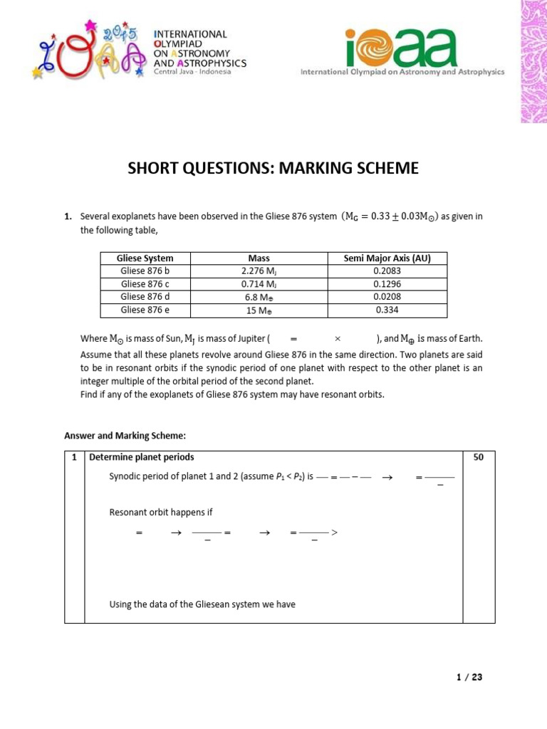 Short Problem Solution-Marking Scheme (Revised) | PDF | Planets | Substellar Objects