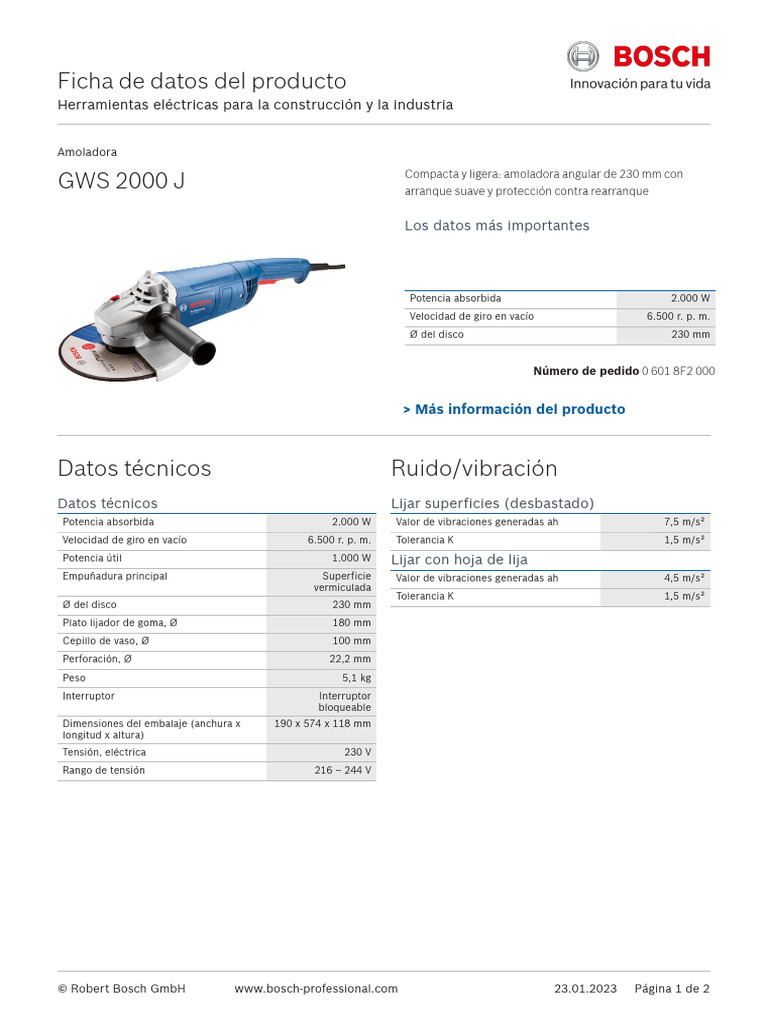 Ficha Tecnica - Pulidora Bosch GWS 2000 | PDF