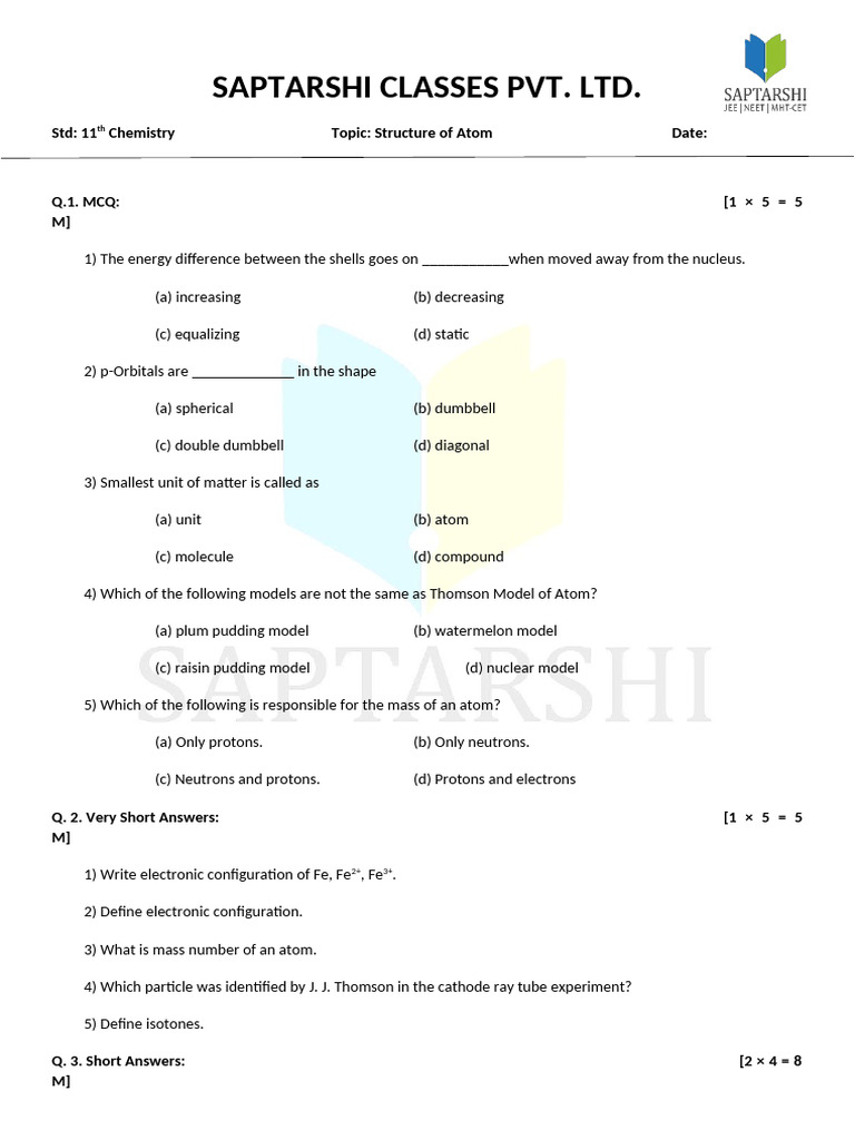 11th Chemistry Structure of Atom Theory Paper | PDF | Atoms | Electron ...