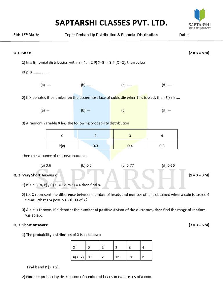12th Maths Probability Distribution & Binomial Distribution | PDF ...