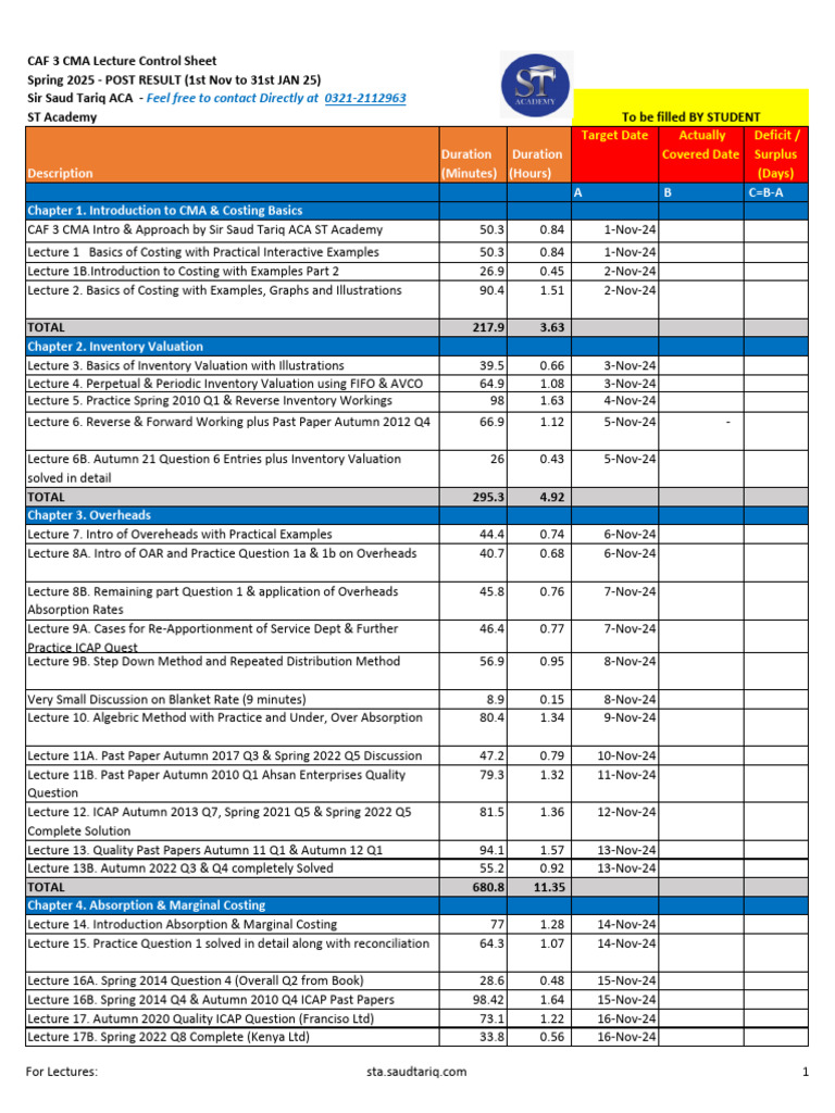 CAF 3 CMA Lecture Control Sheet 2025 | PDF | Business Economics ...