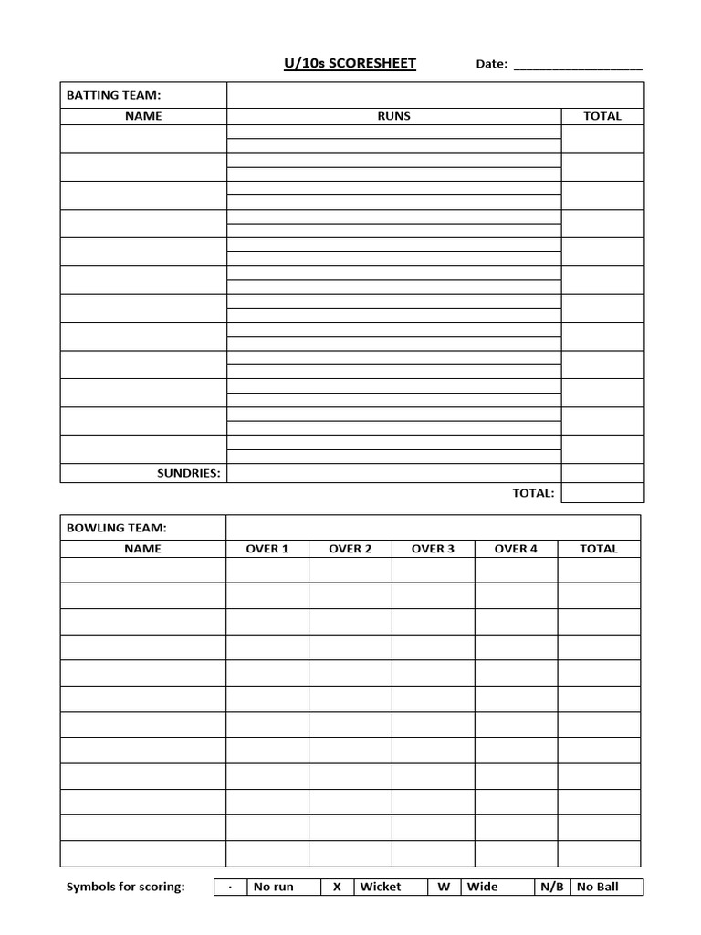 Cricket Score Sheet Template | PDF