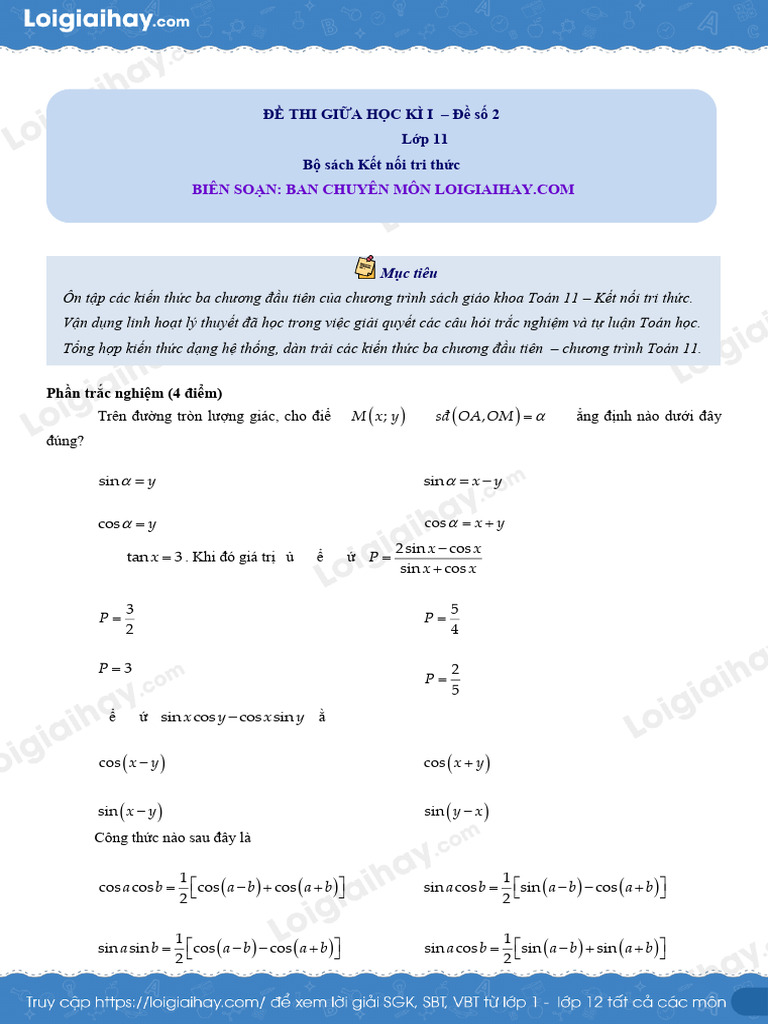 De Thi Giua Ki 1 Toan 11 Ket Noi Tri Thuc de So 2 1696307960 | PDF