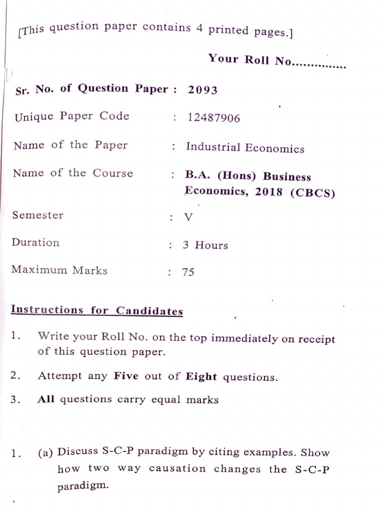 Dse Industrial Organization - Question Paper 2018 CBCS | PDF | Economics | Economic Equilibrium