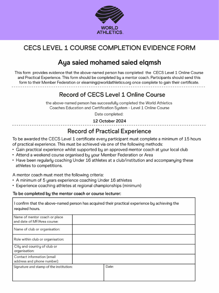 CECS Level 1 Course Completion Evidence Form 1 | PDF