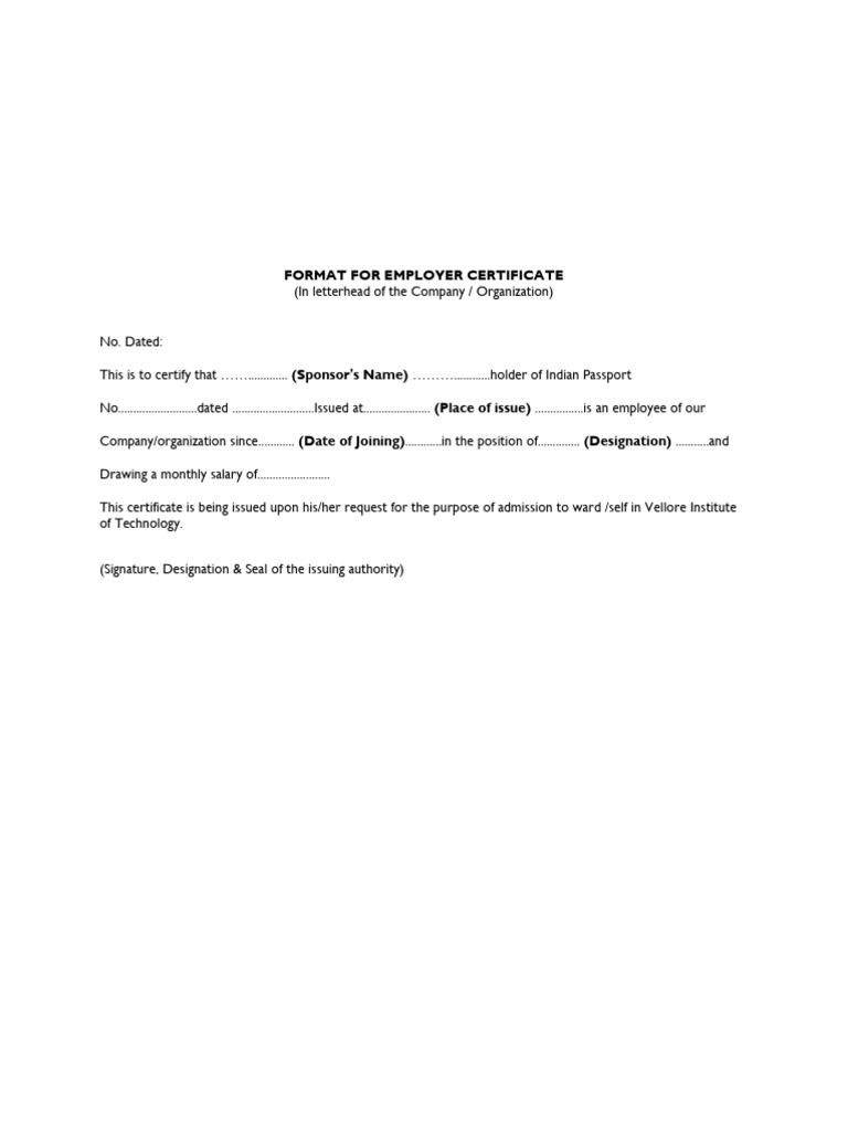 Format For Employer Certificate | PDF