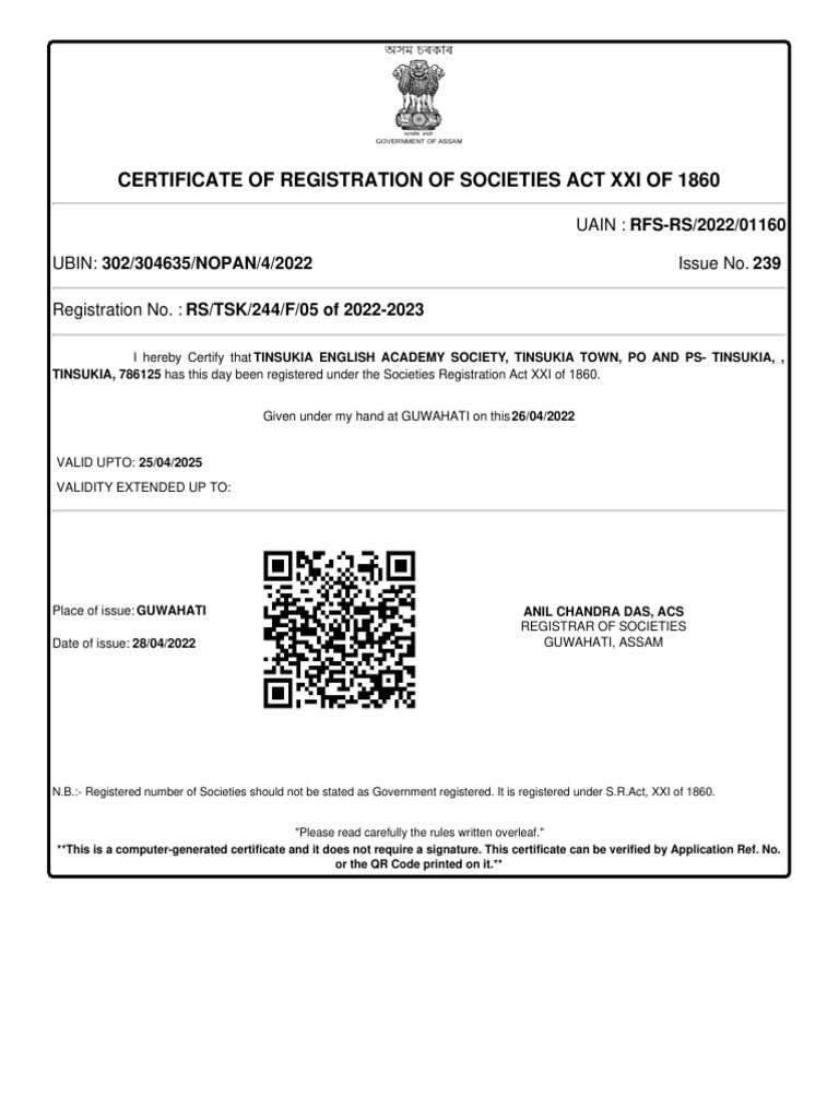 Certificate of Registration of Societies Act Xxi of 1860 | PDF | Accountant | Business