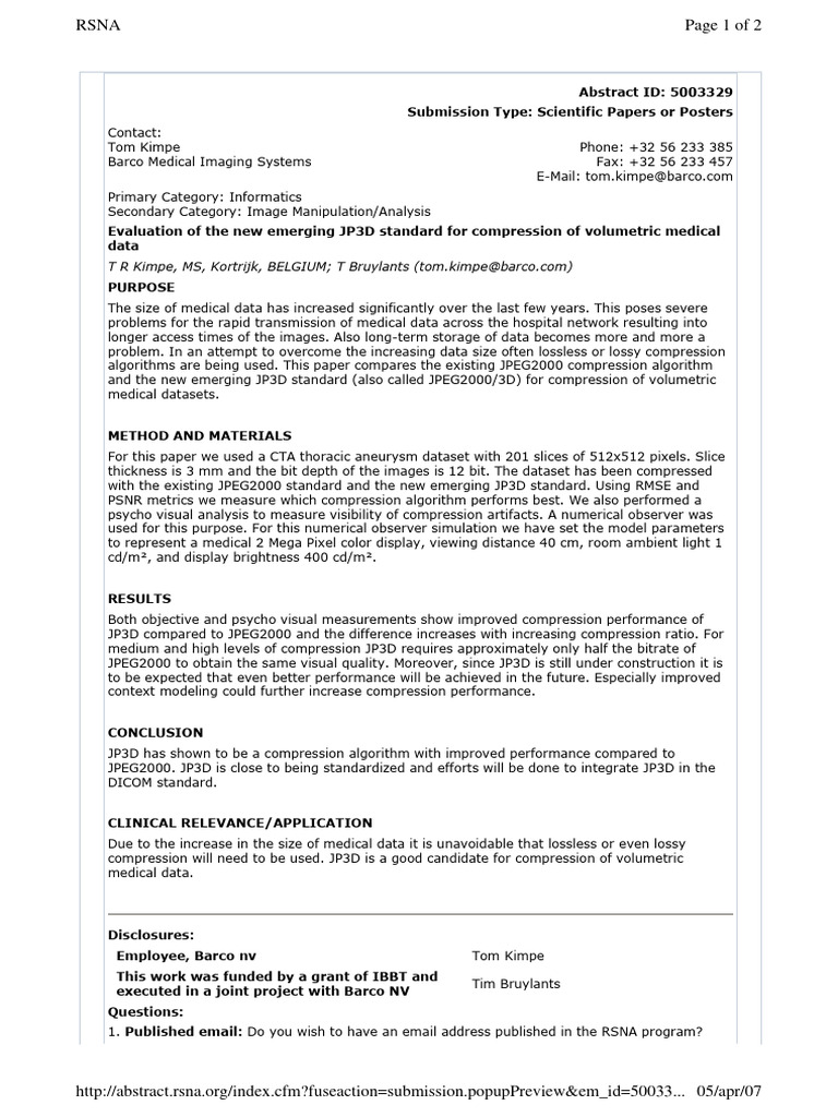 RSNA 2007 Submitted Abstract JP3D | PDF | Data Compression | Imaging
