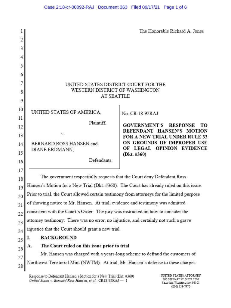 Response to Hansen's New Trial Motion | PDF | Testimony | Trials