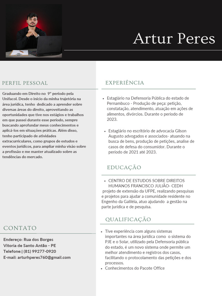 CV - Artur Henrique de Oliveira Peres Bezerra - Assistente Jurídico | PDF | Advogado