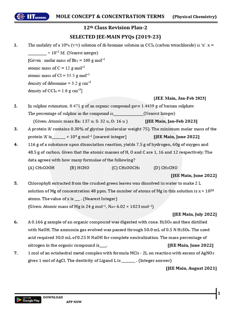 JEE Main Chemistry: Mole Concept & Concentration | PDF | Mole (Unit ...