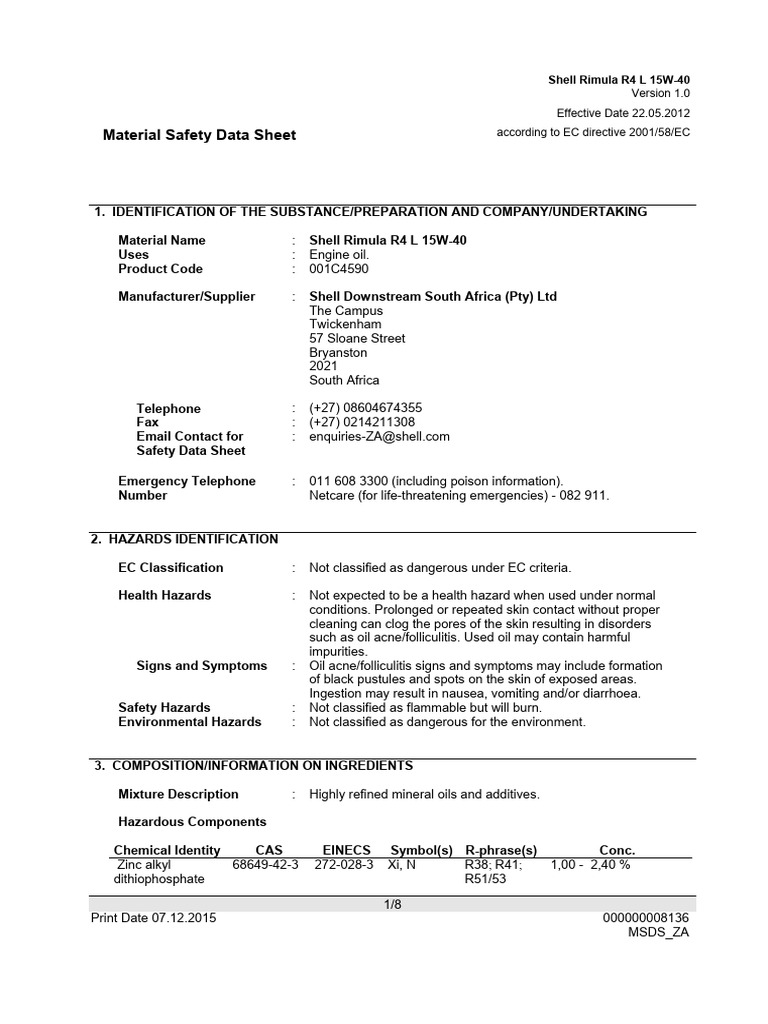 Shell-Rimula-R4-L-15W-40-MSDS | PDF | Toxicity | Occupational Safety ...