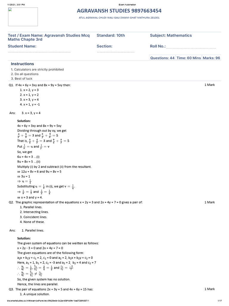 10th Maths Linear Equations in Two Variables Mcq Solution | PDF | Equations | Algebra