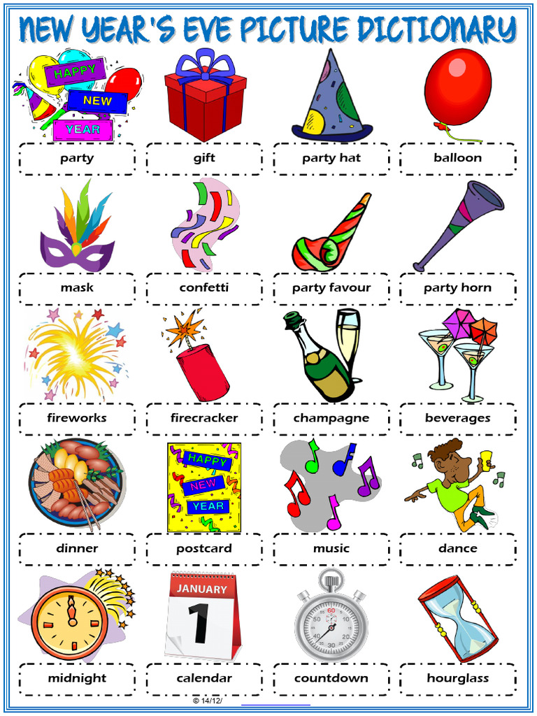 New Years Eve Vocabulary Esl Picture Dictionary Worksheet For Kids | PDF