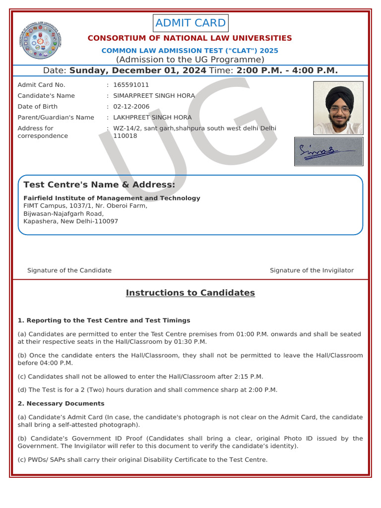 Admit Card Clat 2025 165591011 673683f182696 | PDF