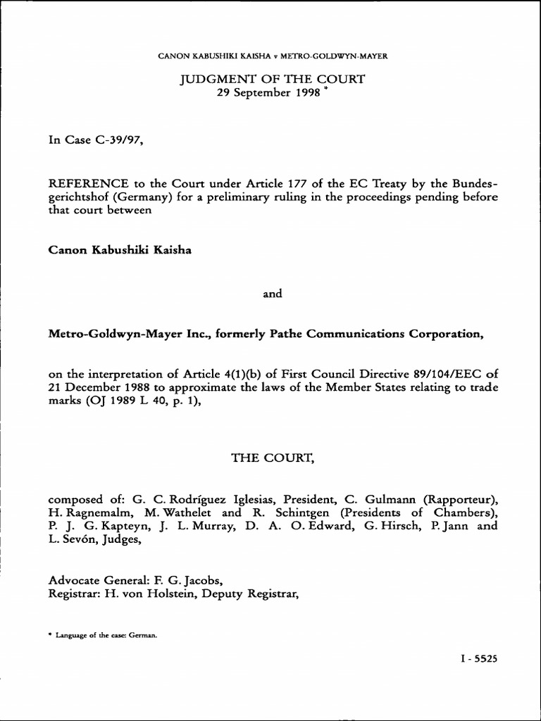 Canon v MGM: Trademark Confusion Case | PDF | Trademark | European ...