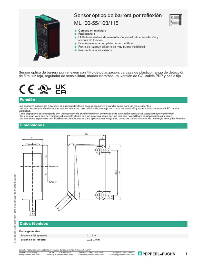 Sensor óptico de barrera ML100-55 | PDF