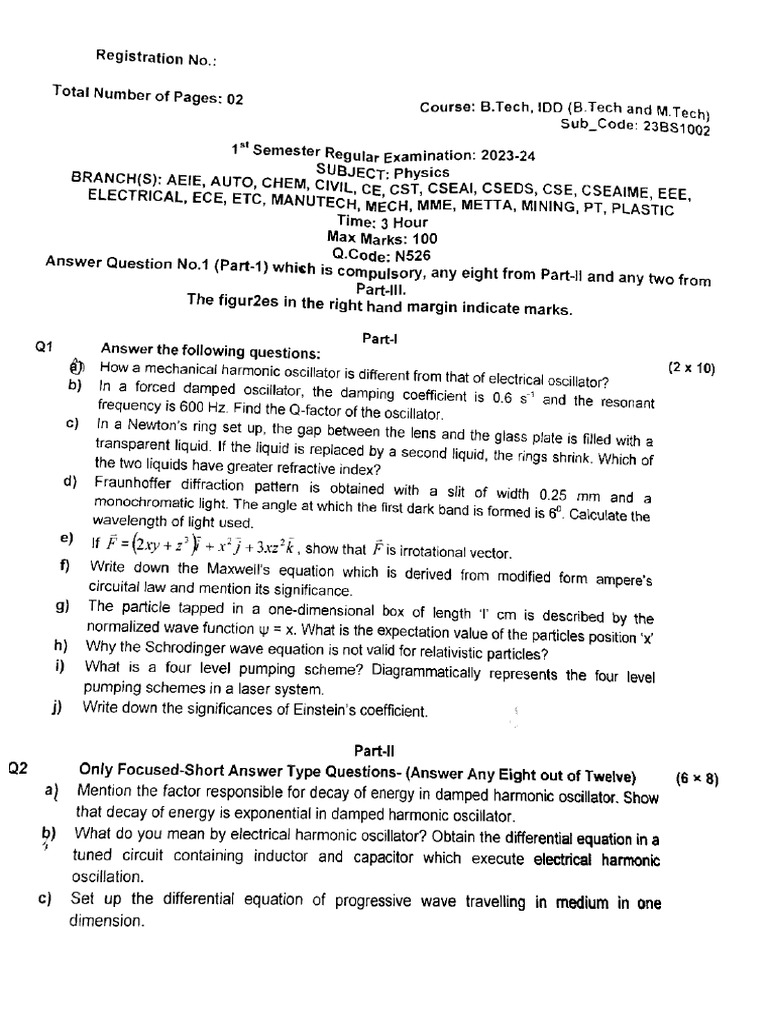 Btech Mtech 1 Sem Physics 23bs1002 2024 | PDF